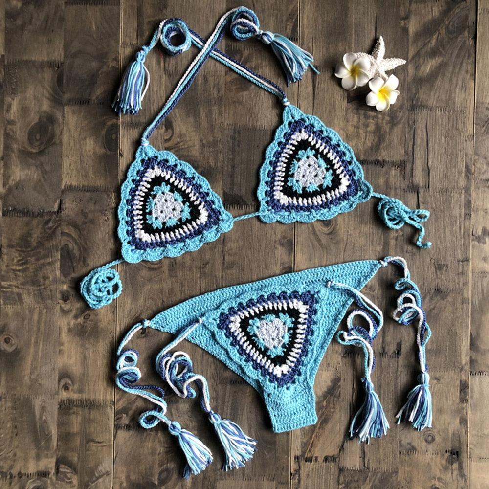 Minimal Hand Crochet Halter Top Push Up Tassel Bikini Set – Voguish ...