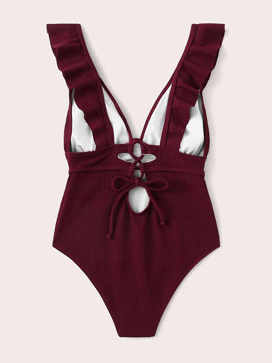 Red Ruffle Deep V Neck One Piece Monokini – Voguish Swimwear